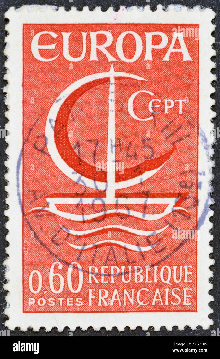 Cancelled postage stamp printed by France, Europa CEPT stamp, circa ...