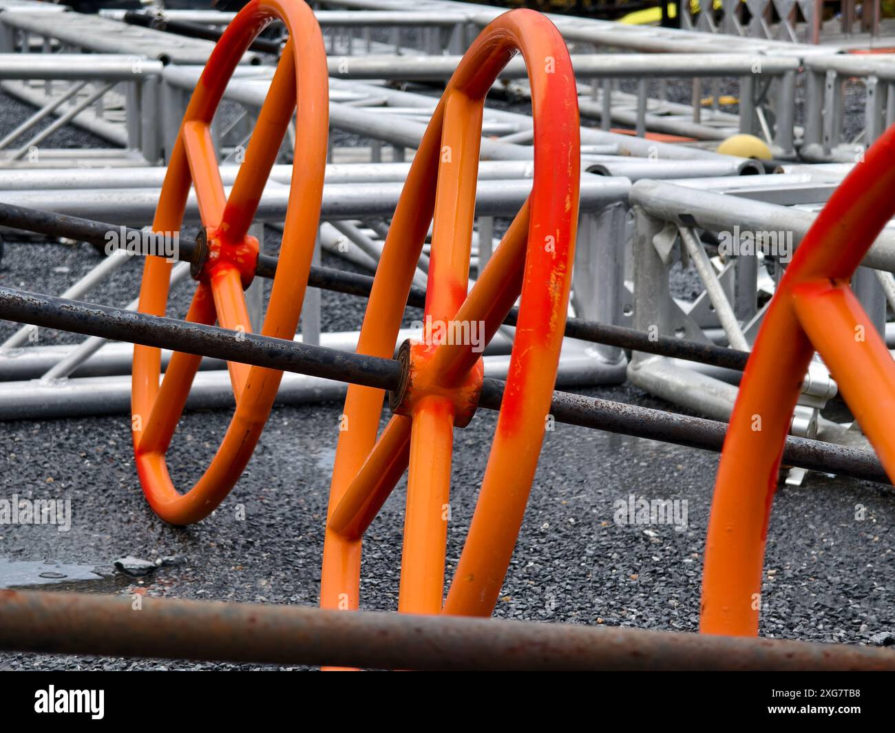 Wheels on a metal structure for stage mounting Stock Photo - Alamy