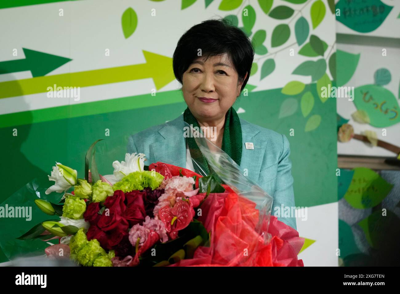 Incumbent Tokyo Gov. Yuriko Koike celebrates after she was elected for ...