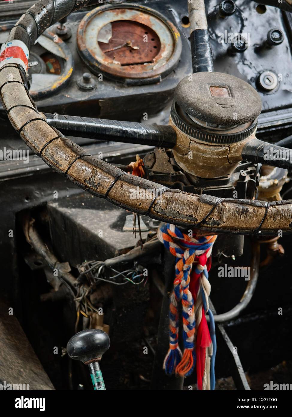 Closeup of a old steering wheel of yellow bus Stock Photo - Alamy