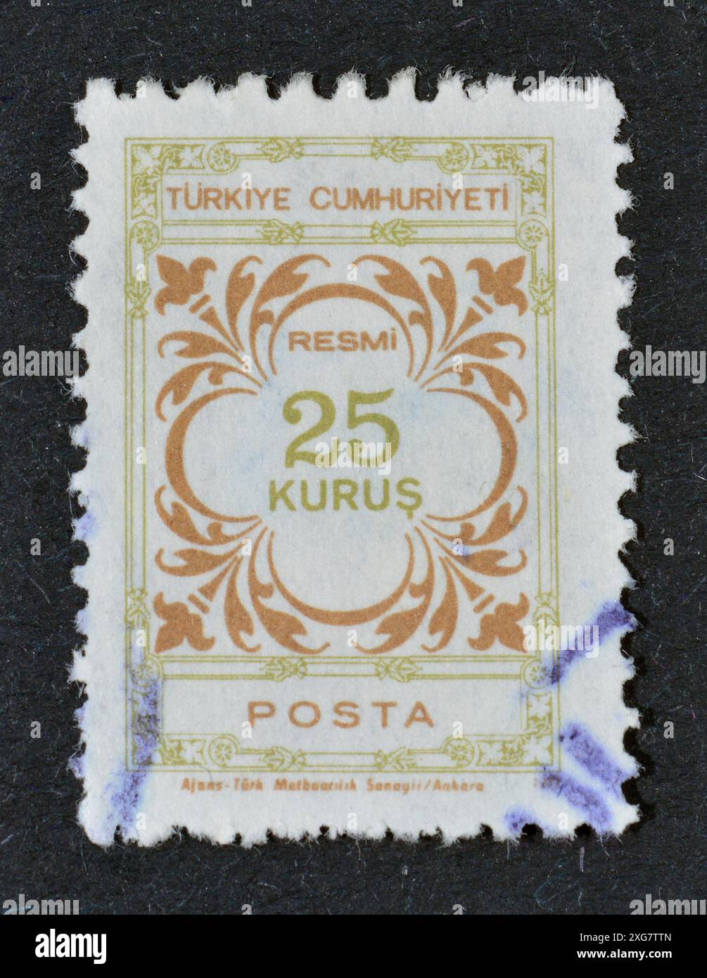 Cancelled postage stamp printed by Turkey, that shows On service stamps ...