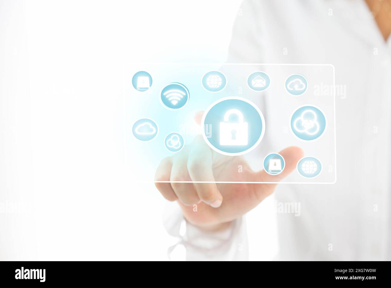 Cyber security concept business woman touching lock icon on virtual ...