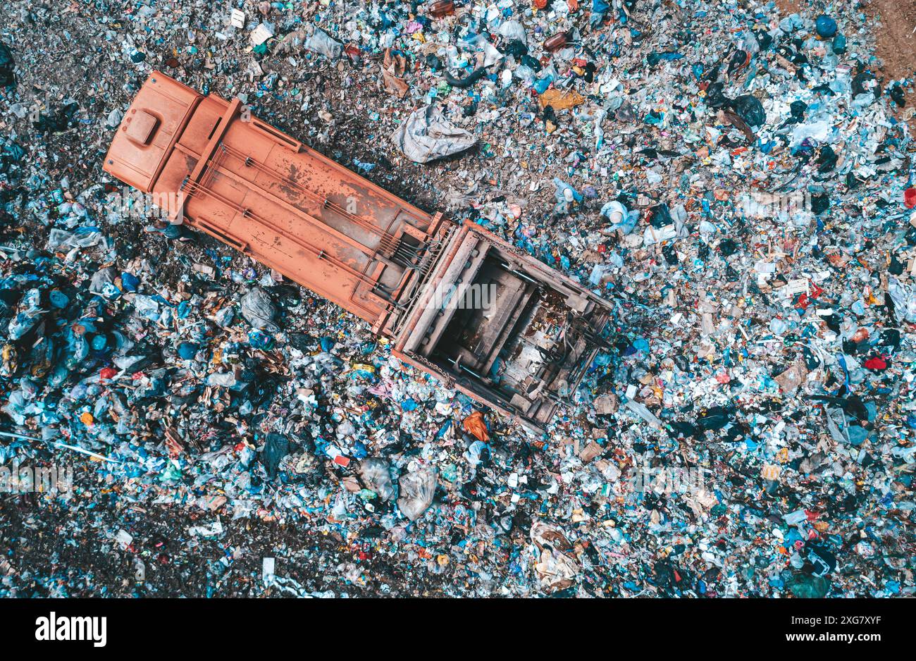 Aerial view of a garbage truck at a landfill during the day Stock Photo ...