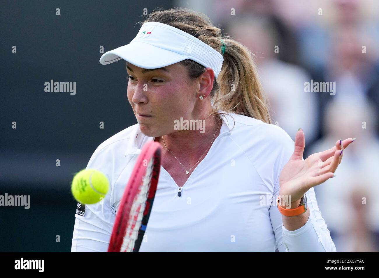 Donna Vekic of Croatia plays a backhand return to Paula Badosa of Spain ...