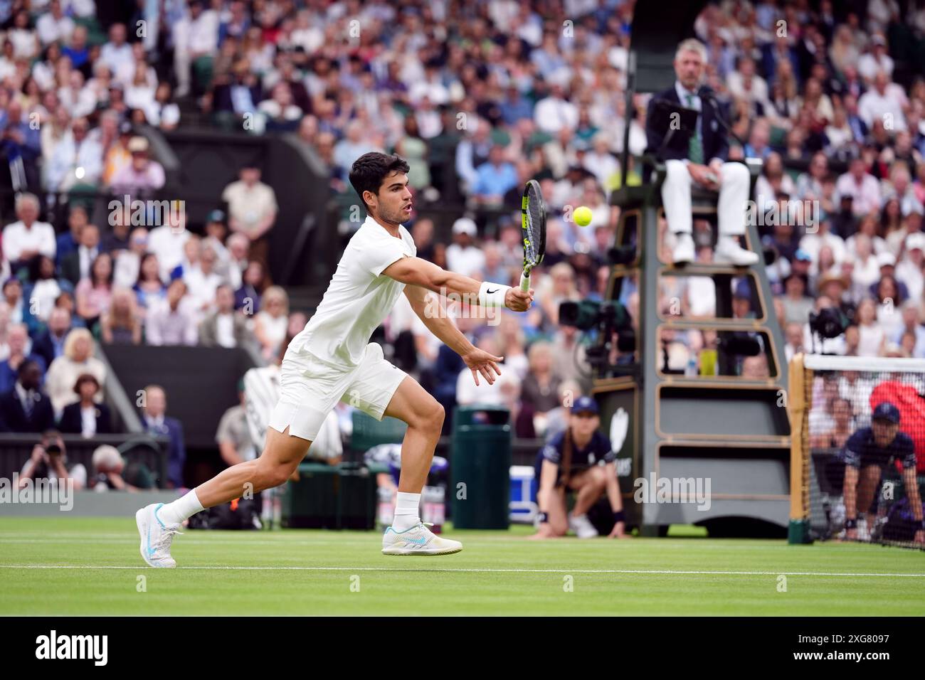 Carlos Alcaraz in action against Ugo Humbert (not pictured) on day seven of the 2024 Wimbledon ...
