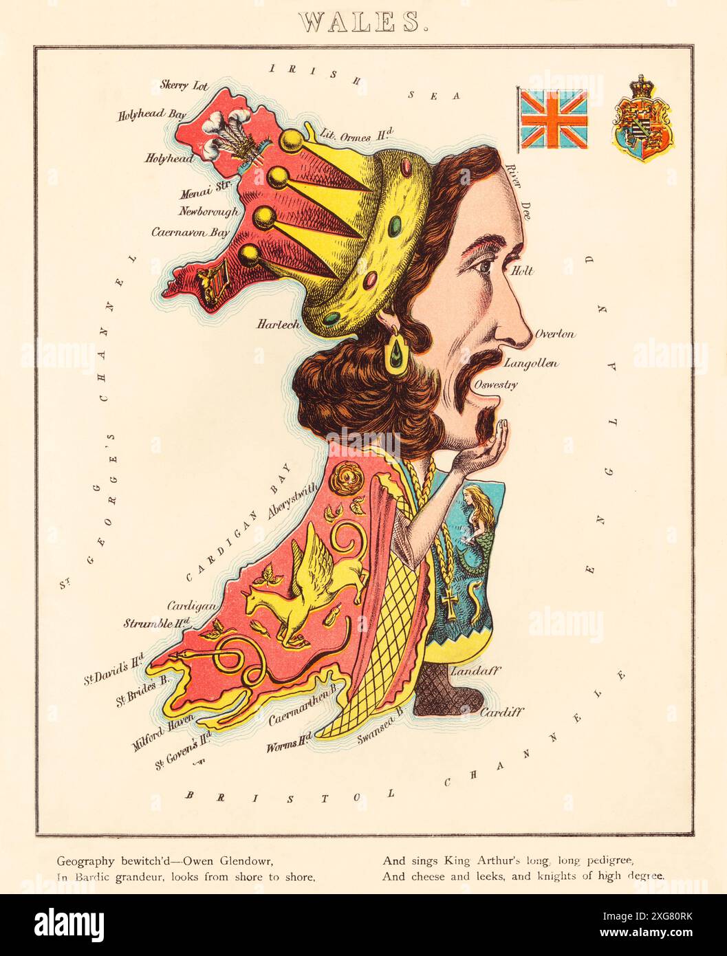 A cartoon map of Wales from the second half of the 19th-century ...
