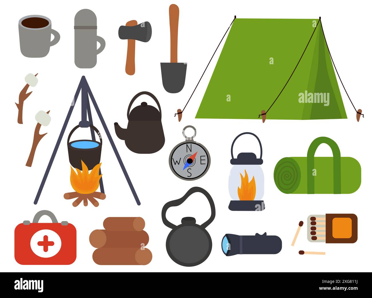Outing equipment Set. Camping equipments. Cartoon travel trekking ...