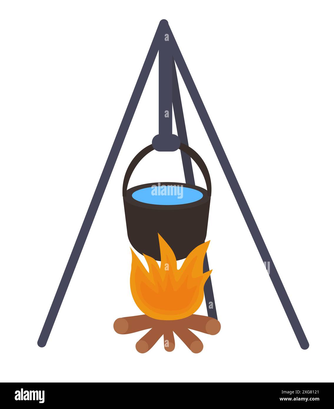 Pot on campfire. Cooking in a cauldron on flame. Hiking Food. Vector ...