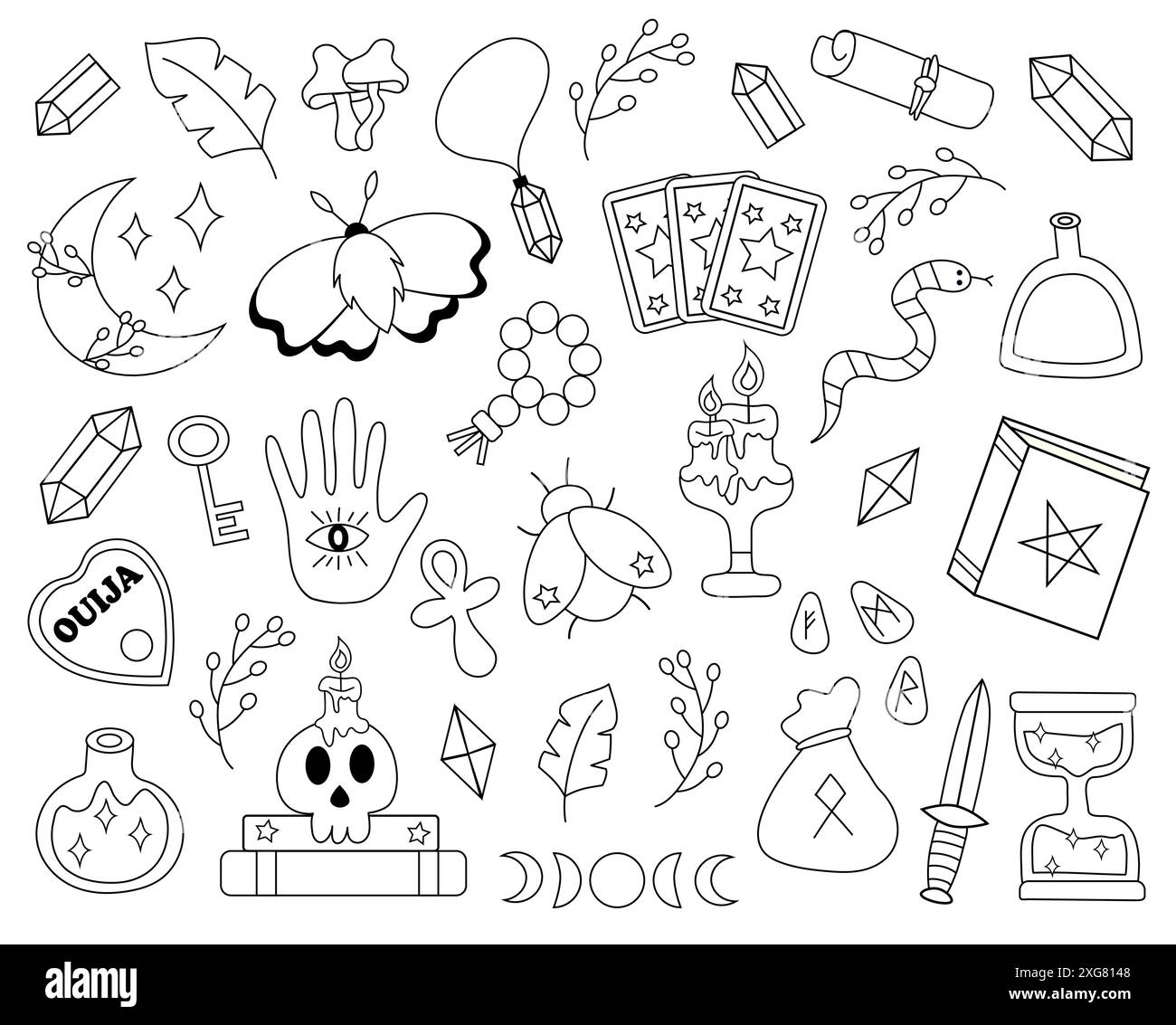 Fortune teller esoteric set. Doodle Outline Line art collection. Magic ...