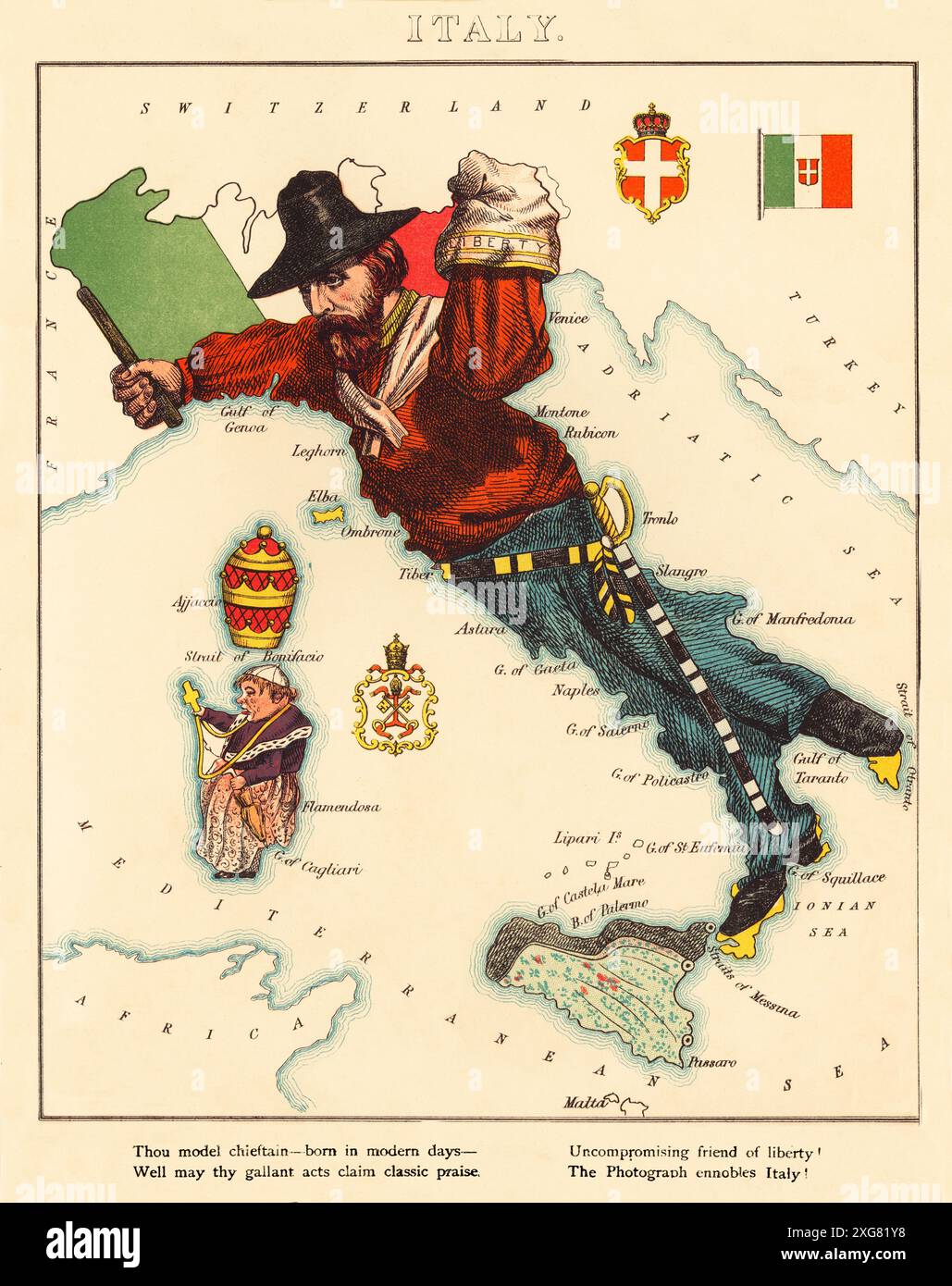 A cartoon map of Italy from the second half of the 19th-century ...