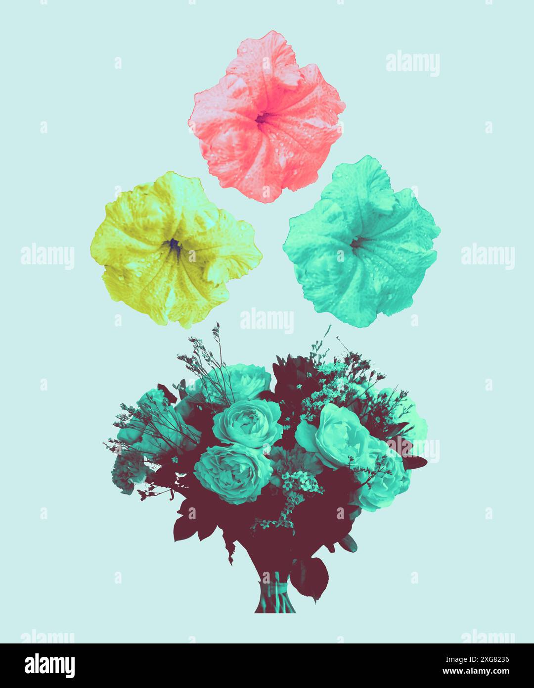 Colorful retro flowers collage asset isolated on light blue background ...