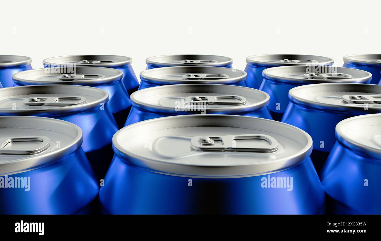 A 3D rendering of blue tin cans neatly arranged in rows highlights ...