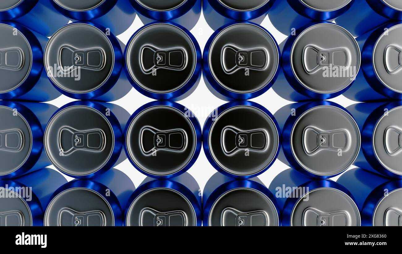 A 3D rendering of blue tin cans neatly arranged in rows highlights ... A 3D rendering of blue tin cans neatly arranged in rows highlights ...