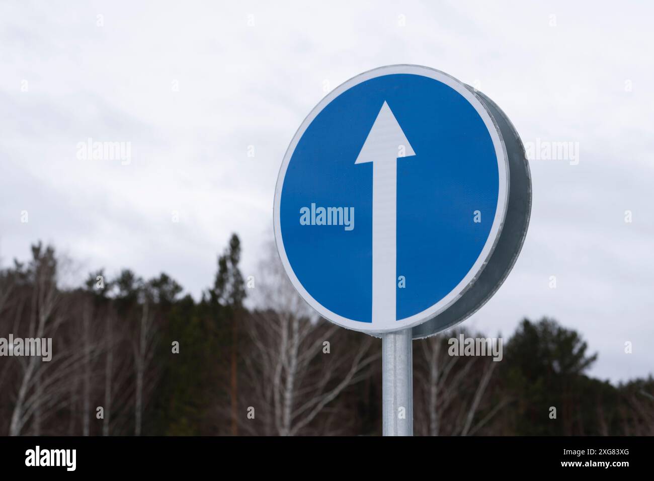 A blue circular traffic sign displays a white arrow pointing upwards ...