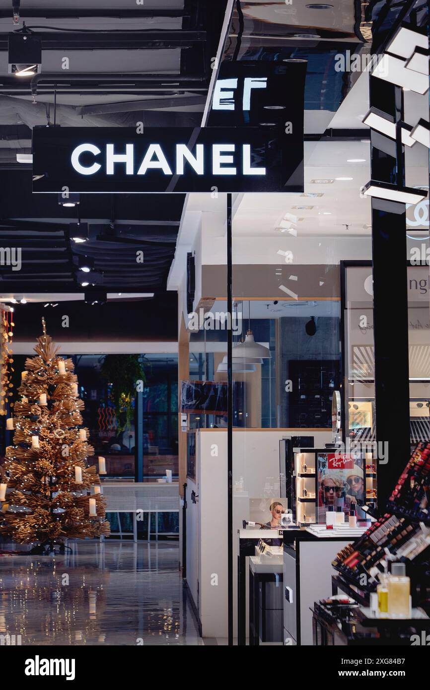 Chanel store interior with holiday-themed decorations featuring a ...