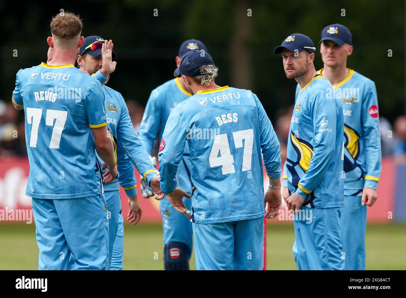 Chesterfield, UK. 07th July, 2024. #47, Dom Bess celebrates the wicket ...
