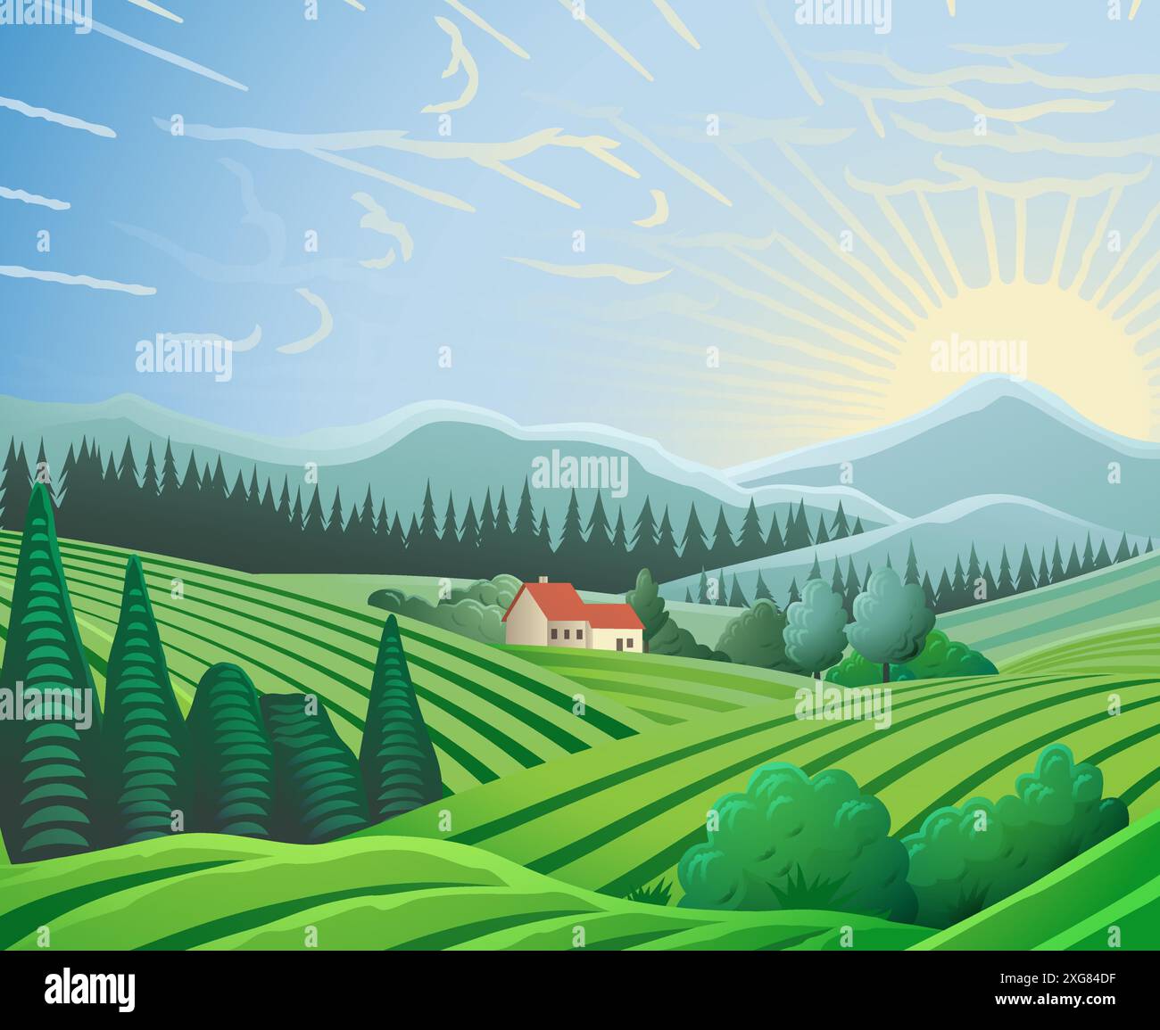 Fields Hills Farm House Landscape Background Stock Vector Image & Art ...
