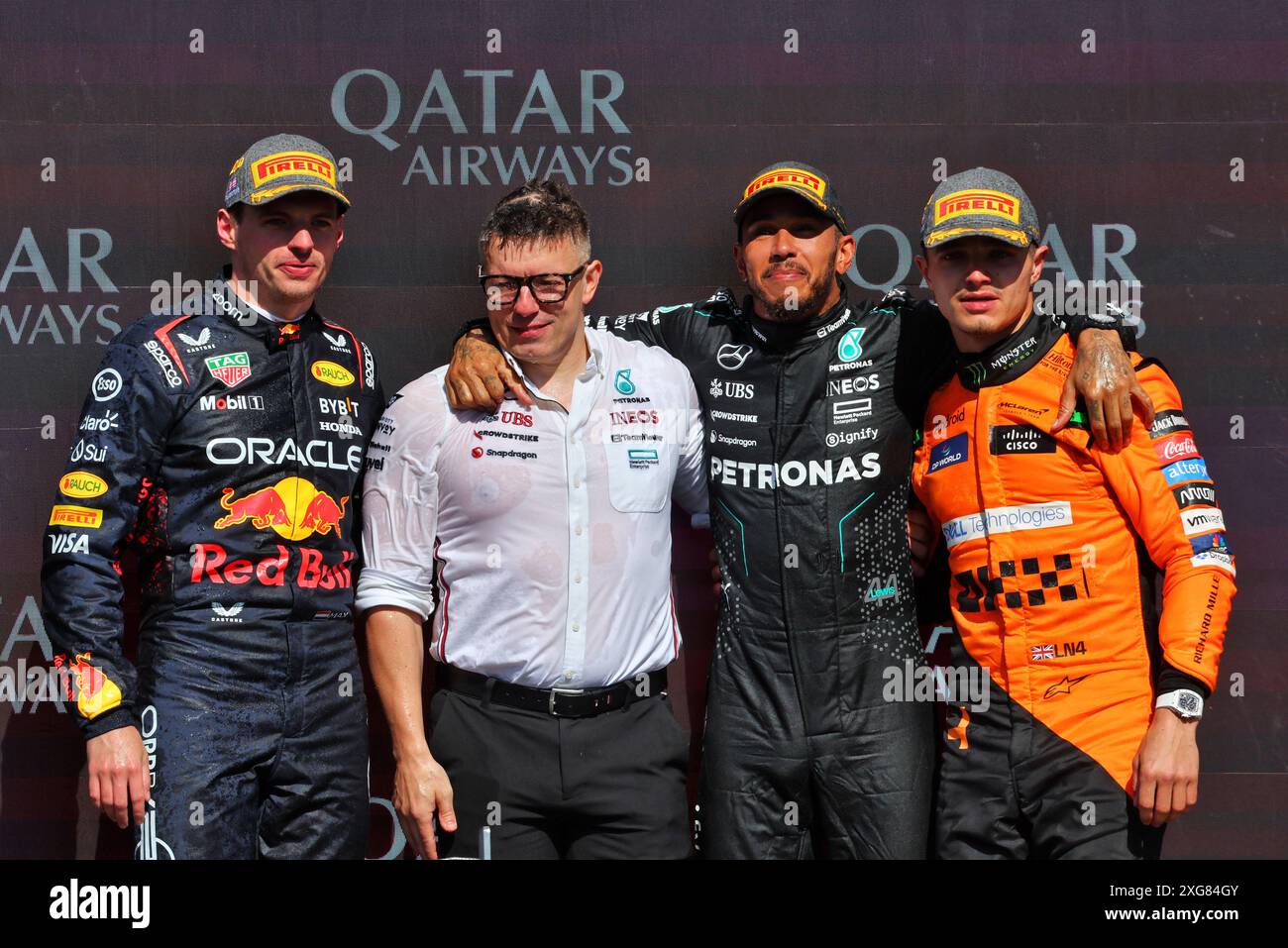 Silverstone, UK. 07th July, 2024. The podium (L to R): Max Verstappen ...