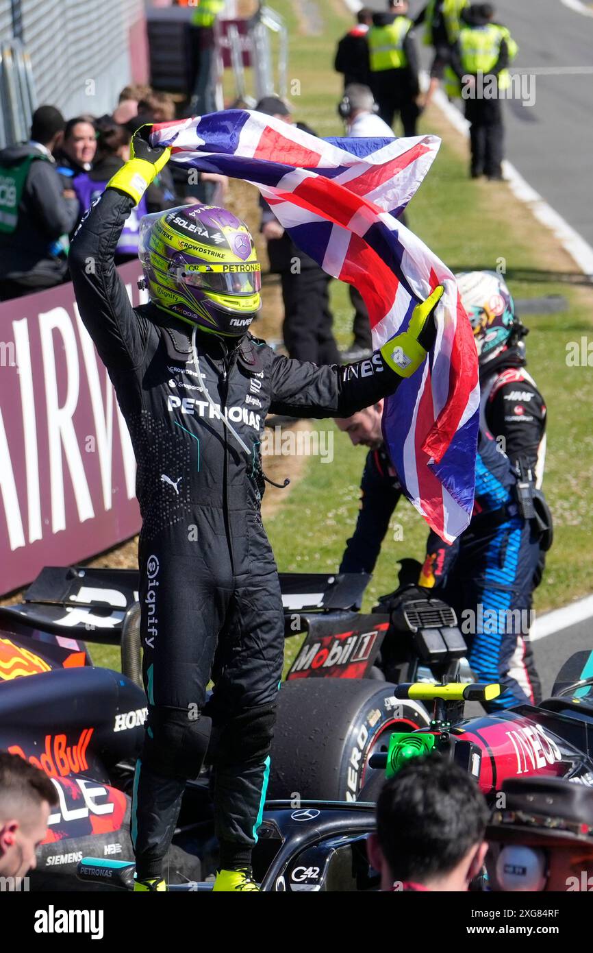 Mercedes driver Lewis Hamilton of Britain celebrates after winning the ...