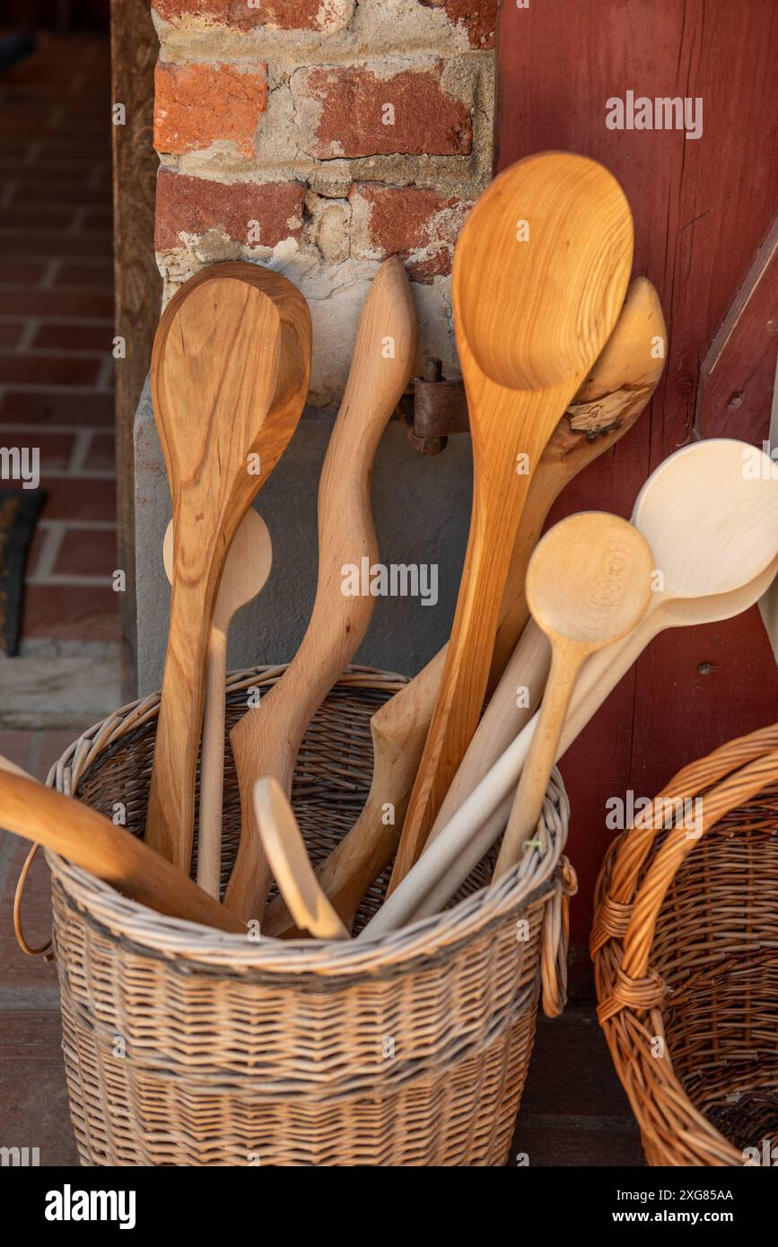 wooden handmade spoons. Collection of many handmade large and long ...