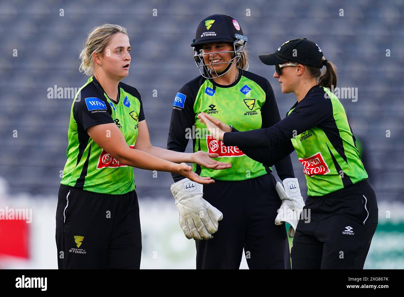 Cheltenham, UK, 7 July 2024. Western Storm's Niamh Holland celebrates ...