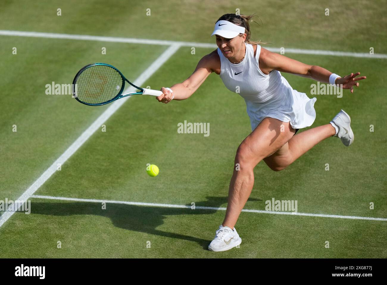 Paula Badosa of Spain plays a forehand return to Donna Vekic of Croatia ...
