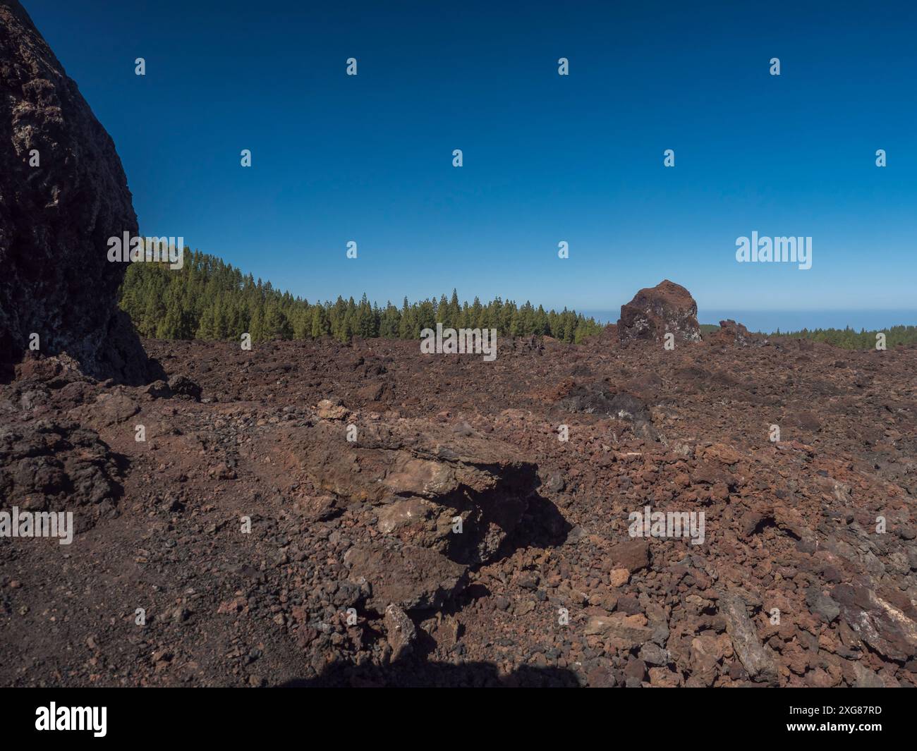 Volcanic landscape at Chinyero volcano circular hiking trail. Black ...