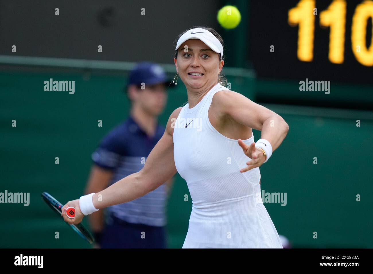 Paula Badosa of Spain plays a forehand return to Donna Vekic of Croatia ...