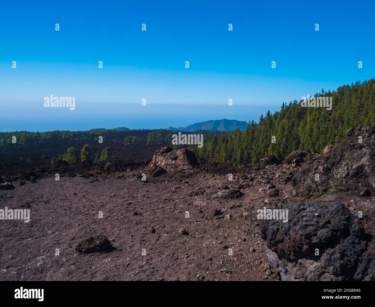 Volcanic landscape at Chinyero volcano circular hiking trail. Black ...