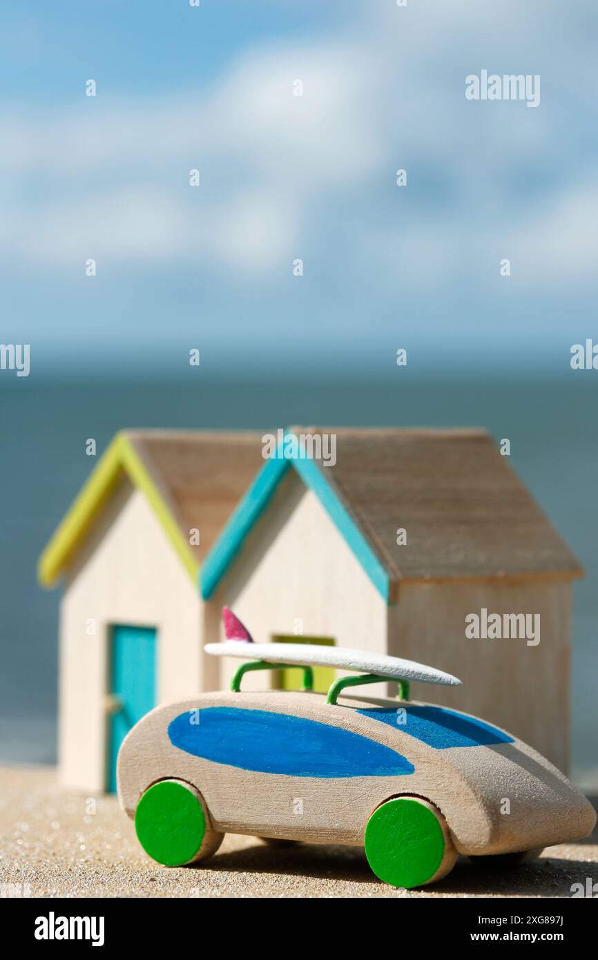 Model beach huts and car with surfboard Stock Photo - Alamy