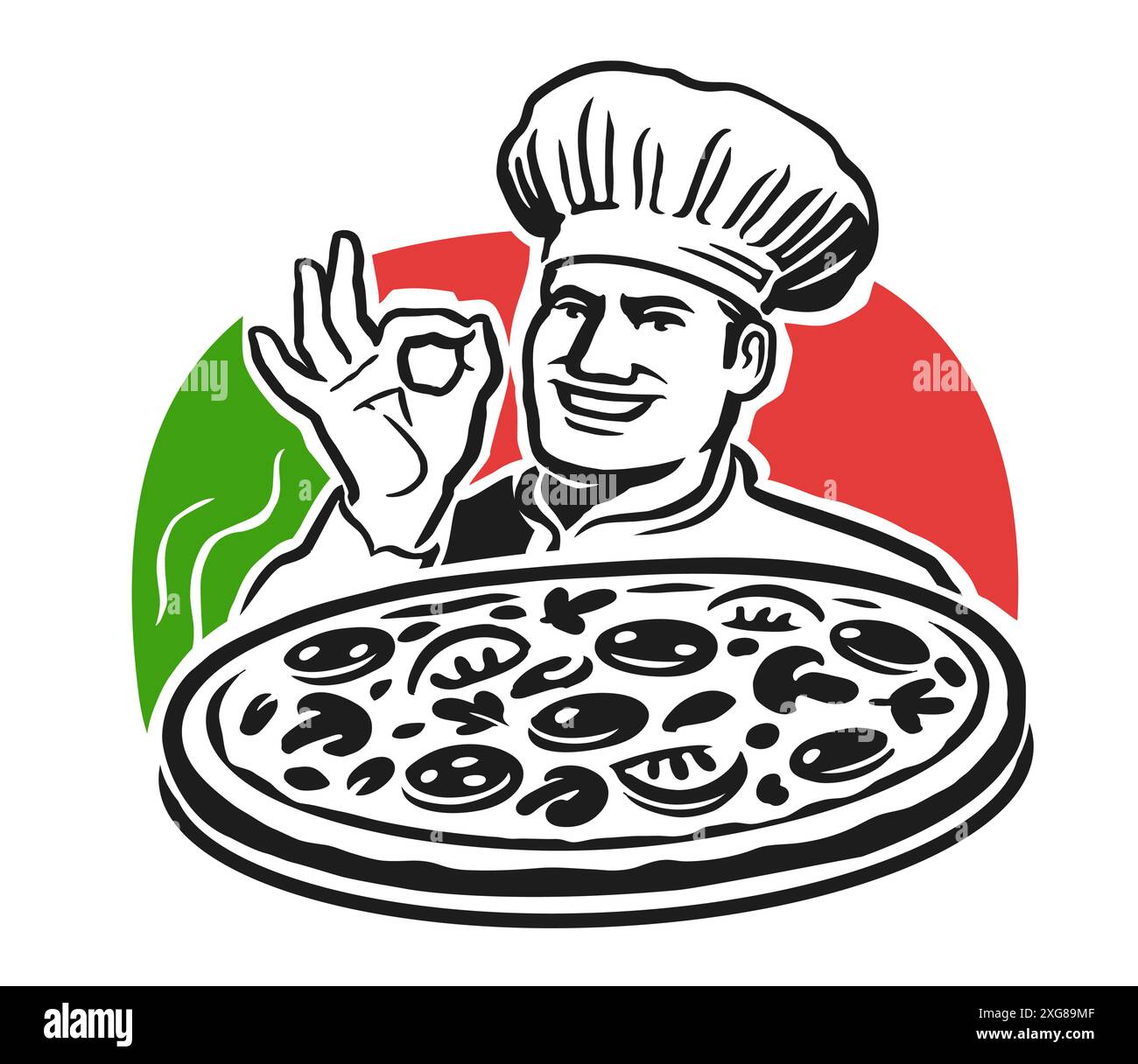 Emblem chef with pizza on background Italian flag. Pizzeria restaurant ...