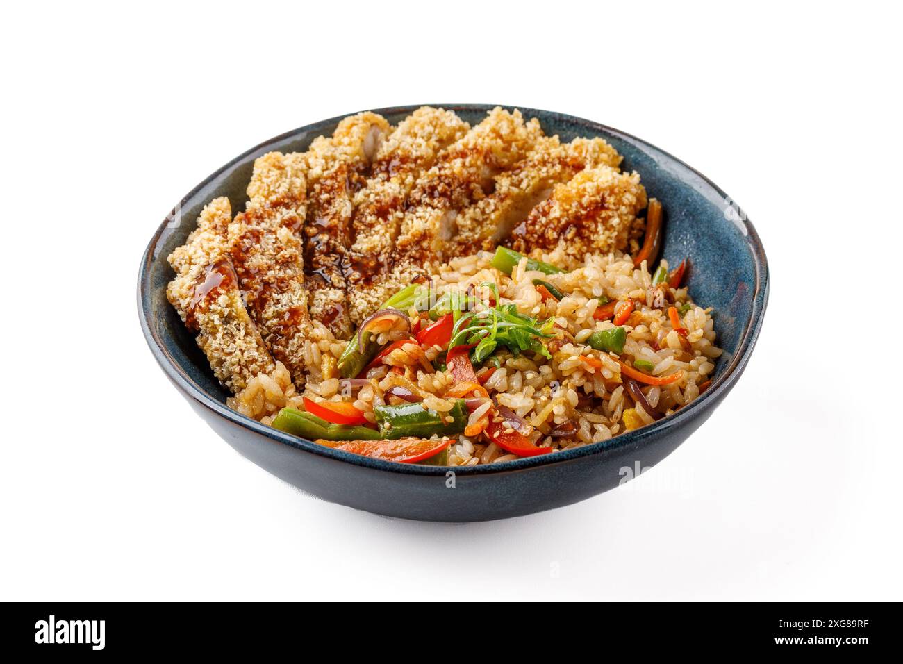 Hibachi rice with chicken schnitzel on a white background studio food ...