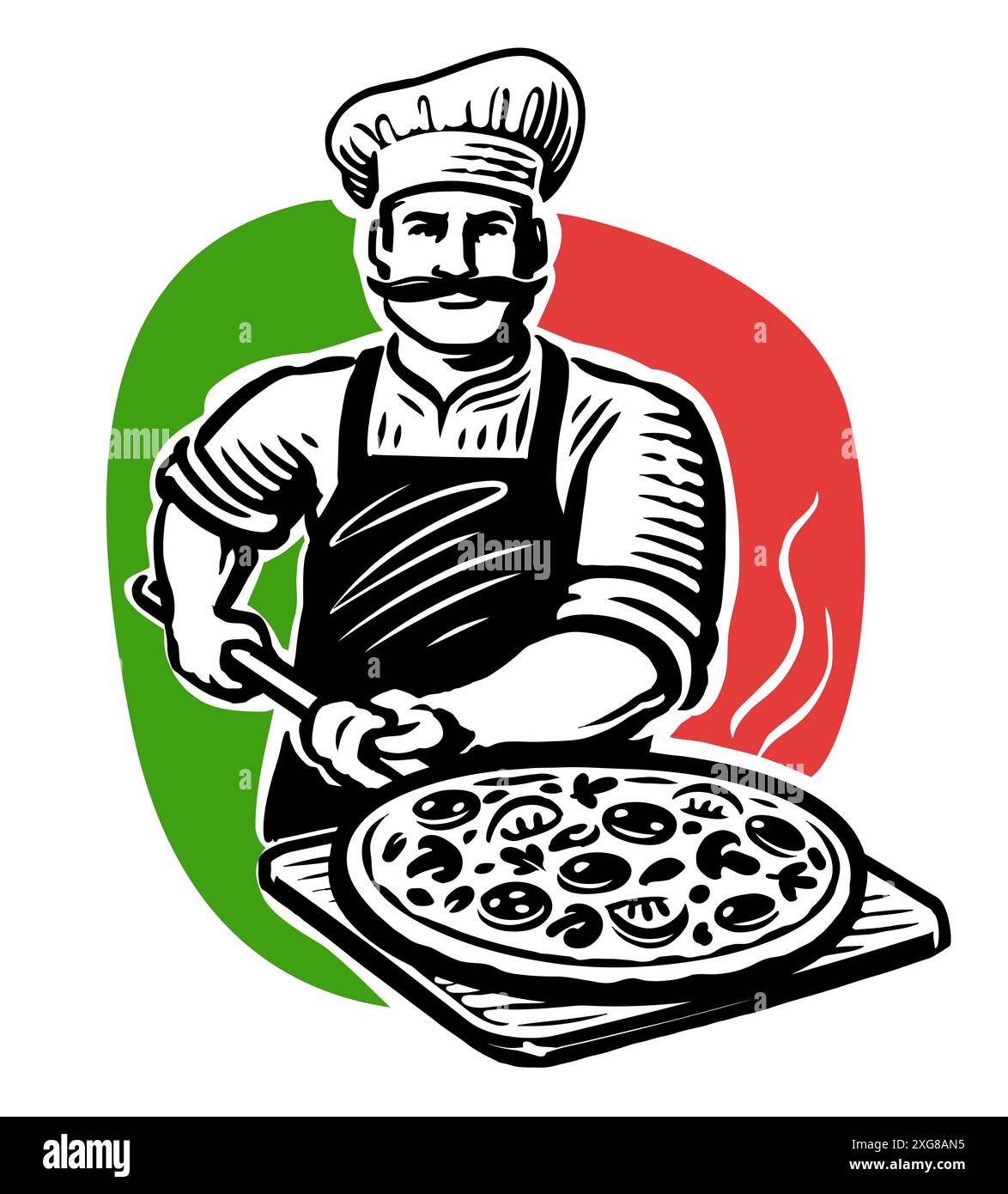 Chef cook with pizza on background Italian flag. Pizzeria restaurant ...