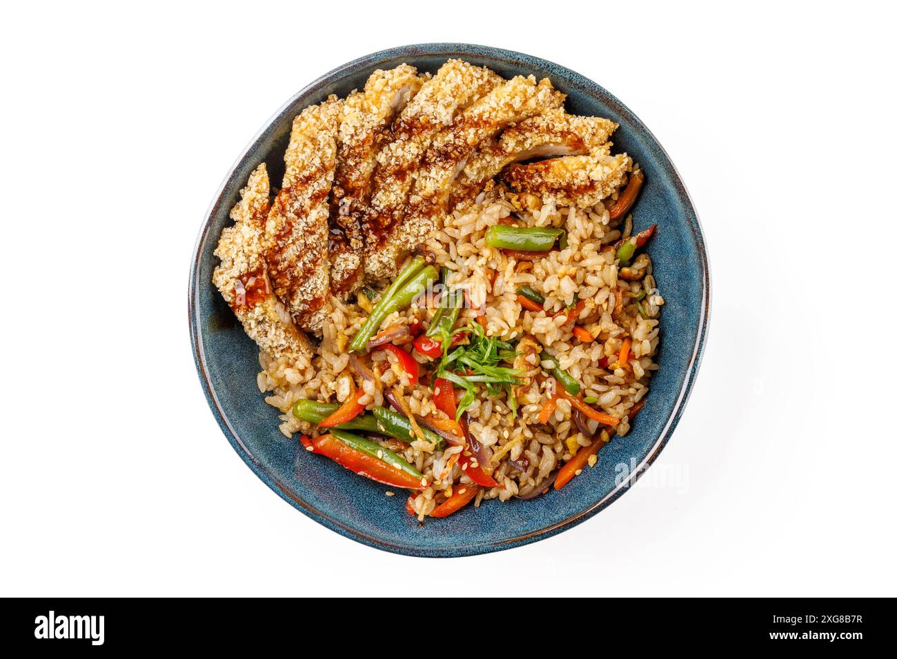 Hibachi rice with chicken schnitzel on a white background studio food ...