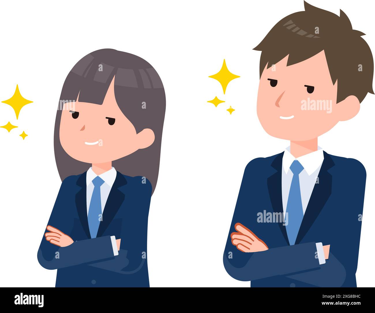 Male and female students wearing navy blue blazers. confident smug look ...