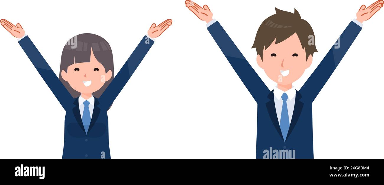 Male and female students wearing navy blue blazers. Hurray pose Stock ...