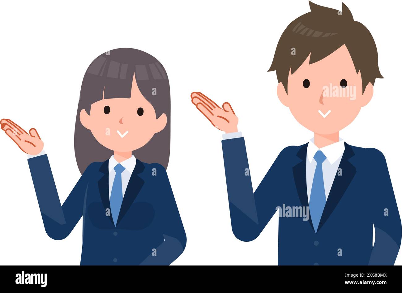 Male and female students wearing navy blue blazers. A pose giving ...