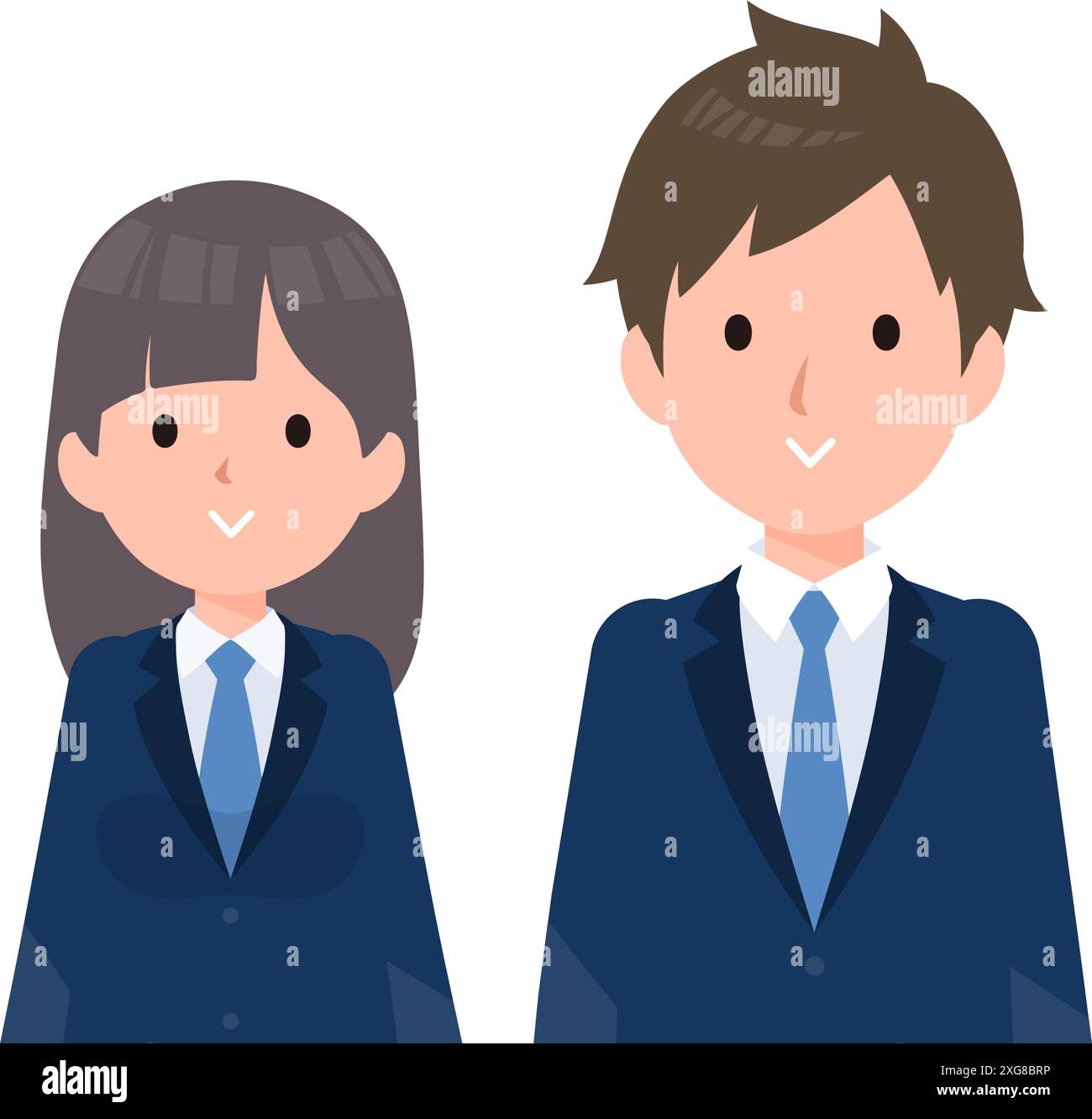 Male and female students wearing navy blue blazers. Normal facial ...