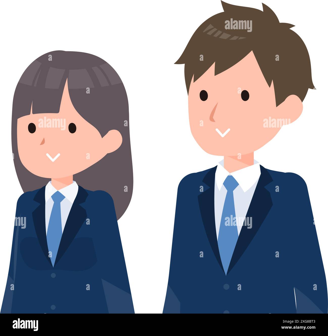 Male and female students wearing navy blue blazers. Normal facial ...