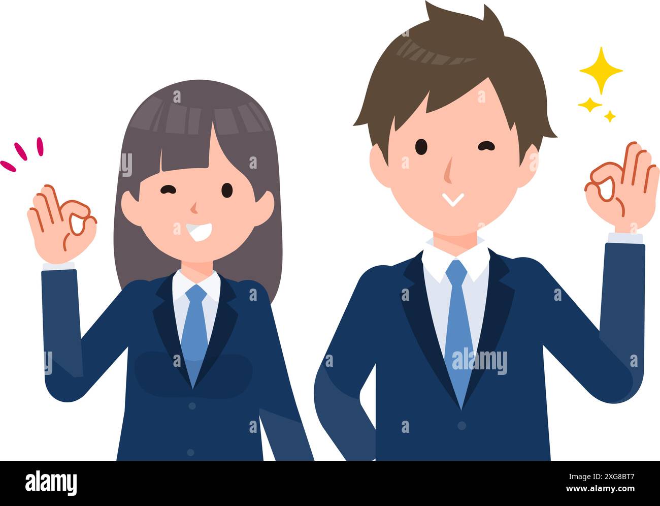 Male and female students wearing navy blue blazers. OK sign Stock ...