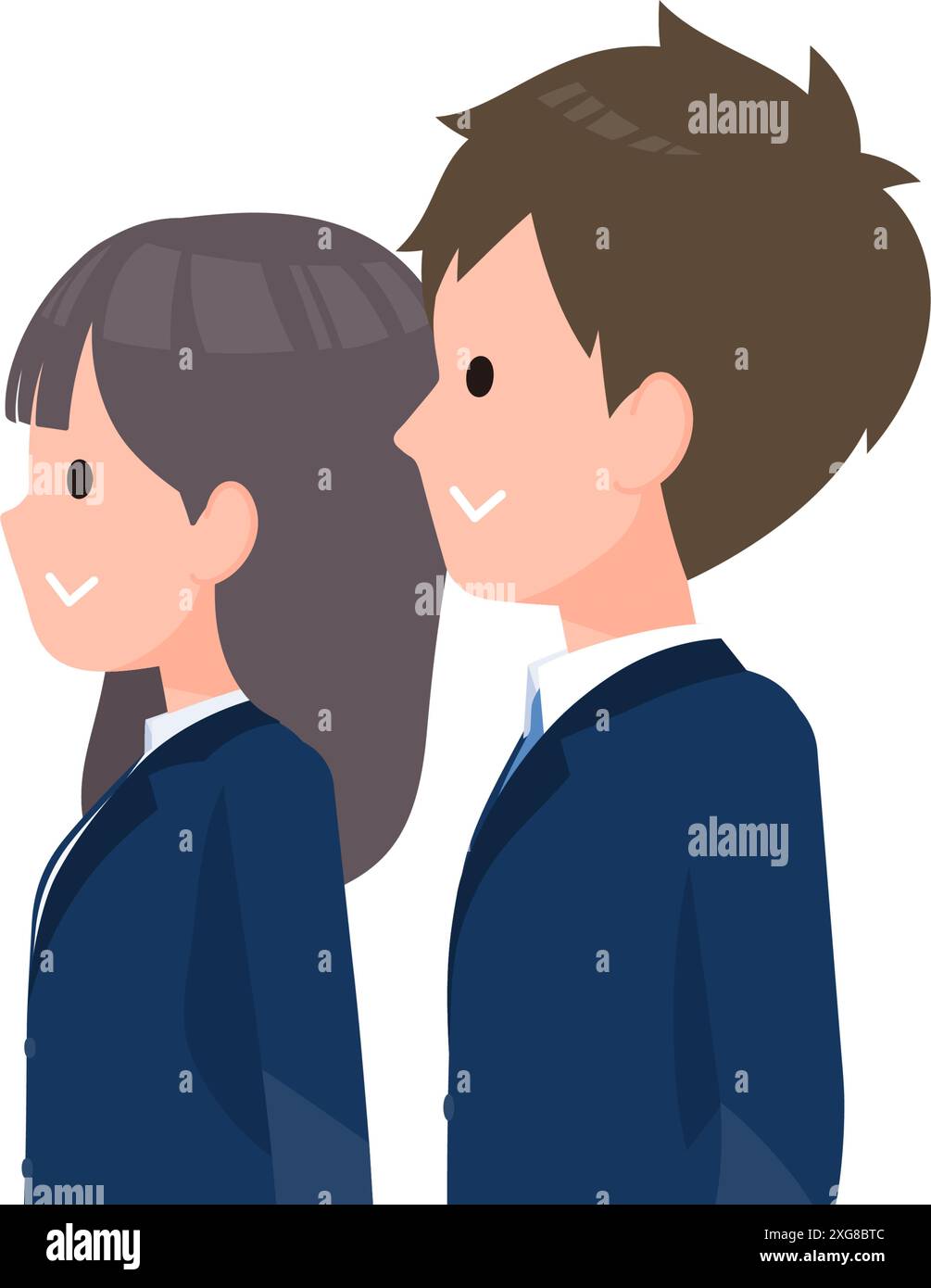 Male and female students wearing navy blue blazers. Normal facial ...