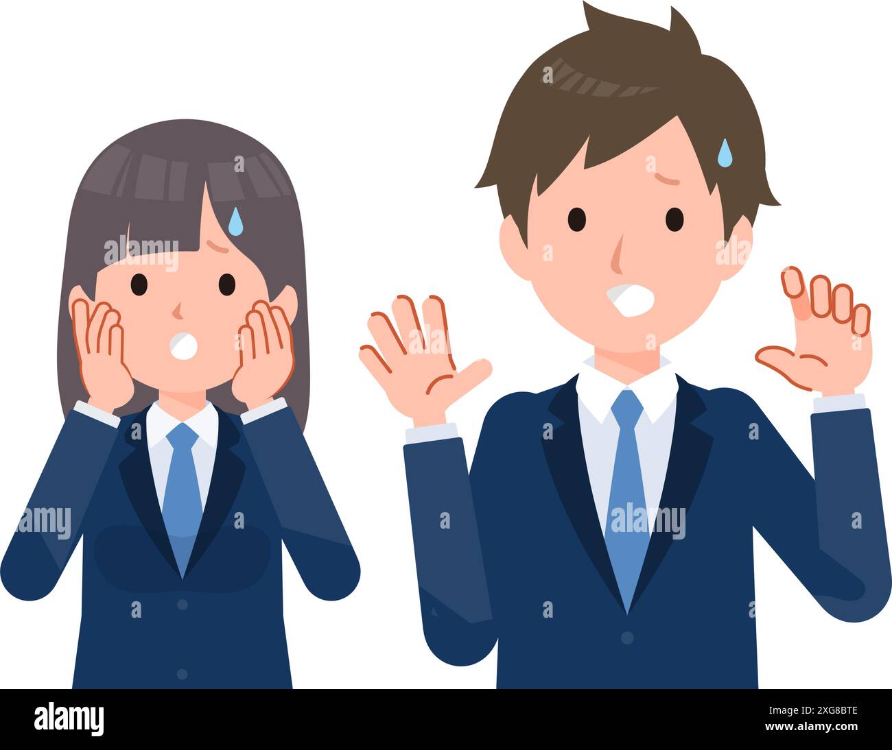 Male and female students wearing navy blue blazers. Surprised and ...