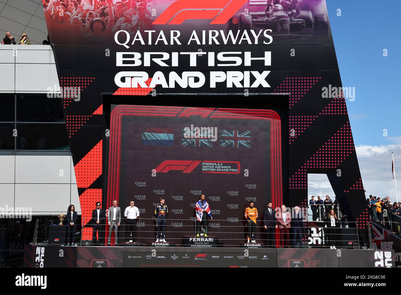 Silverstone, UK. 07th July, 2024. The podium (L to R): Max Verstappen ...