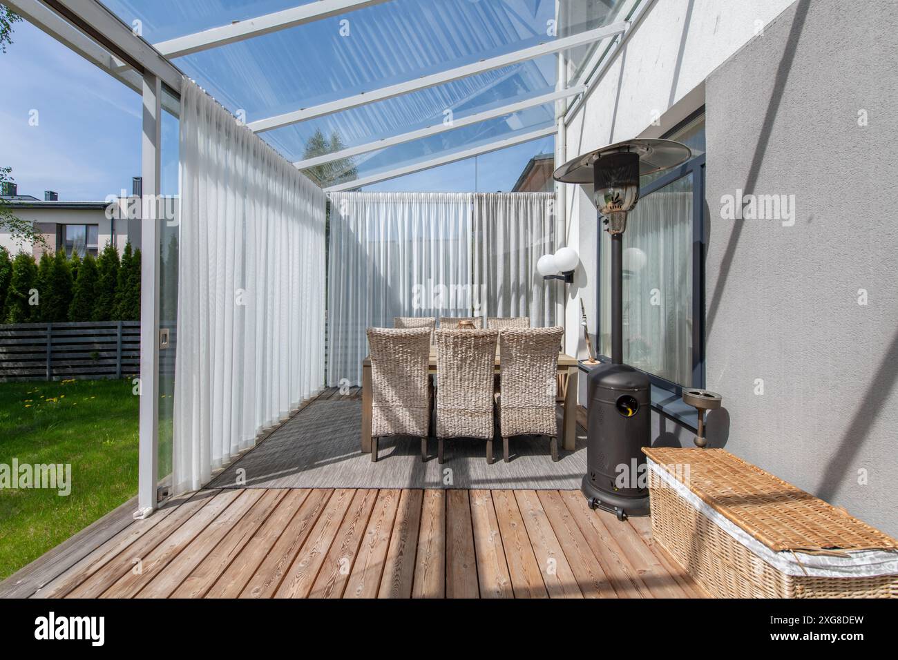 Inside of Trendy Outdoor Cozy Covered Glassy Patio of Beautiful ...