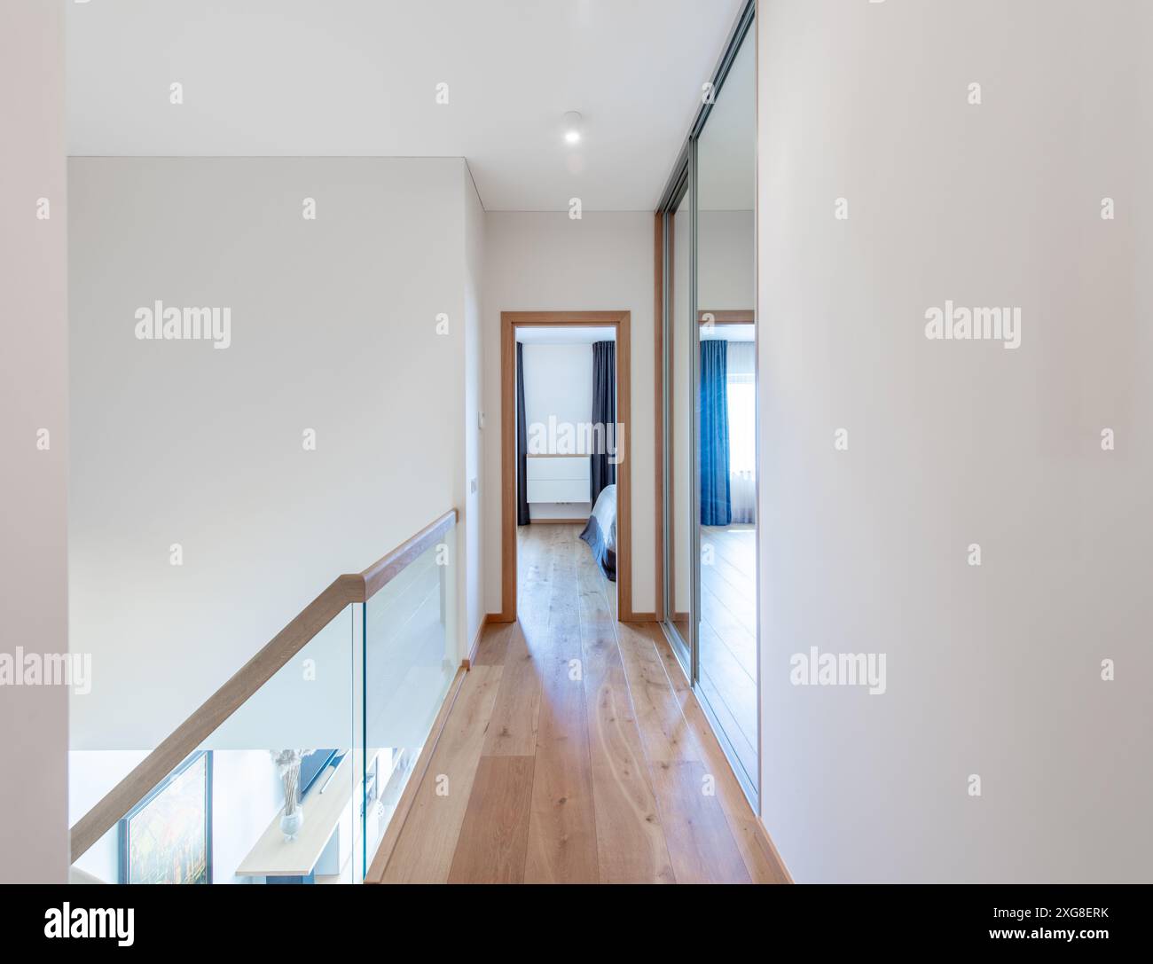 Home Second Floor Hall. Interior. Wooden Brown Flooring, Stairs. LED ...