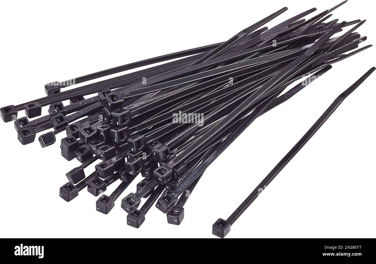 self locking black cable ties isolated over white Stock Photo - Alamy