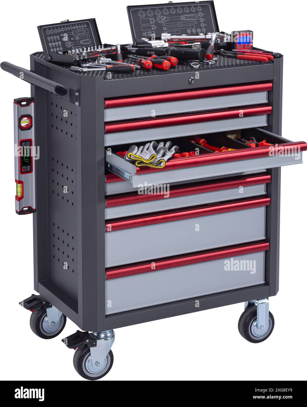 red & grey tool trolley on wheels with equipment Stock Photo - Alamy