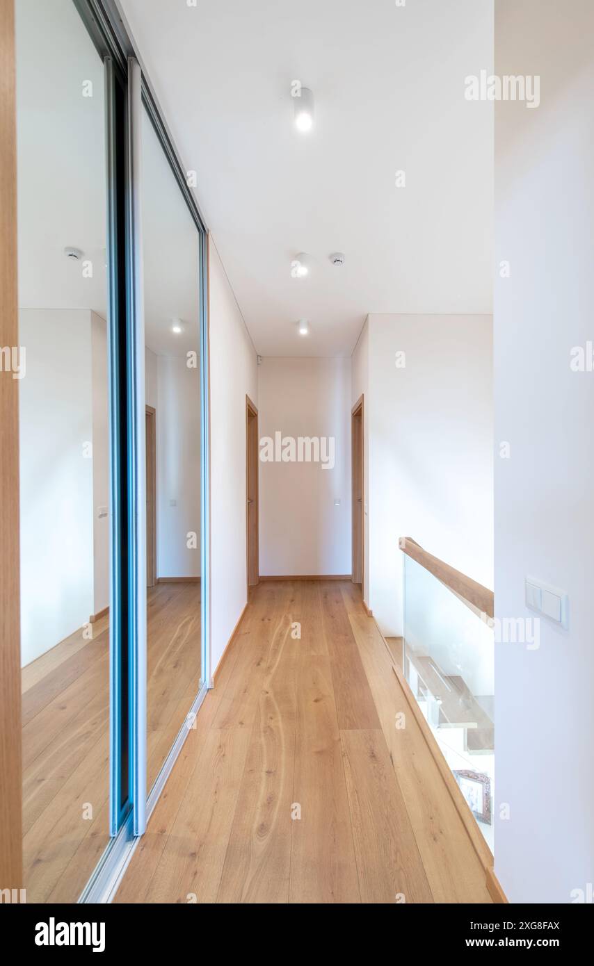 Home Second Floor Hall. Interior. Wooden Brown Flooring, Stairs. LED ...