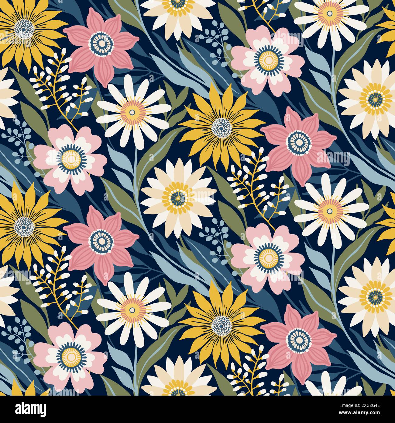 Half drop Floral Seamless Pattern of Fantasy Flowers in muted Blue ...