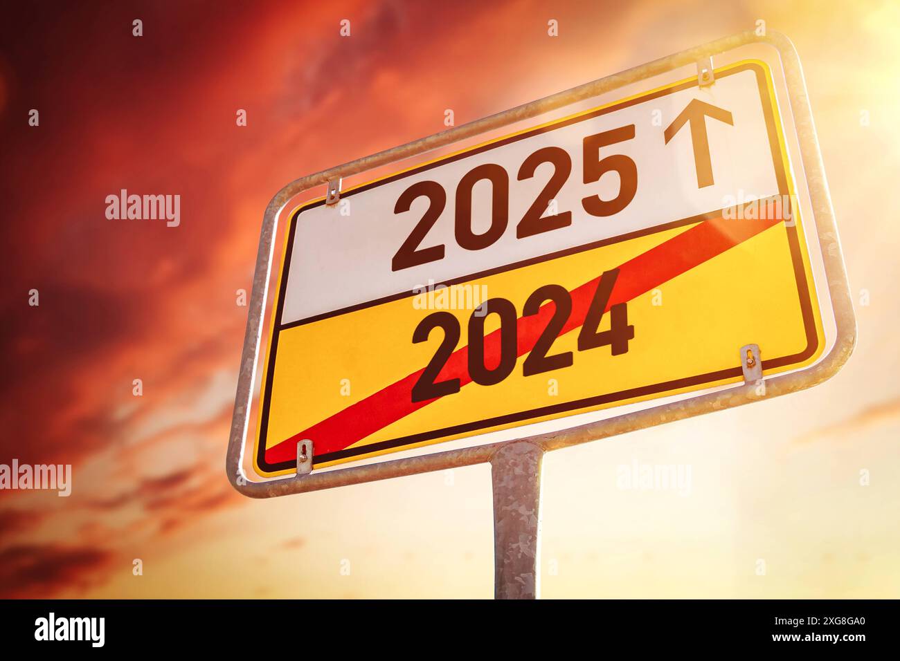 7 July 2024: Signpost with the years 2024 and 2025. 2024 ends and 2025 ...